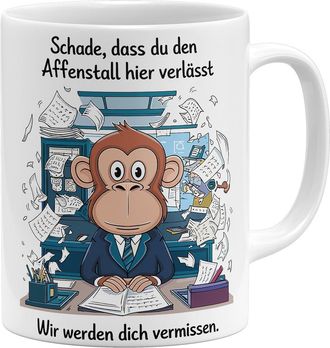 OM3 witzige Kaffee-Tasse mit Spruch - Schade dass du diesen Affenstall verlässt - Geschenkidee zum Abschied II - Keramik Becher - 325ml - Beidseitig Bedru