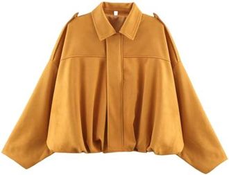 Generic Veste bomber en daim synth&eacute;tique pour femme avec fermeture &eacute;clair, manteau pilote &agrave; revers de printemps, v&ecirc;tement dext&eacute;rieur d&eacute;contract&eacute; &agrave; manches lon