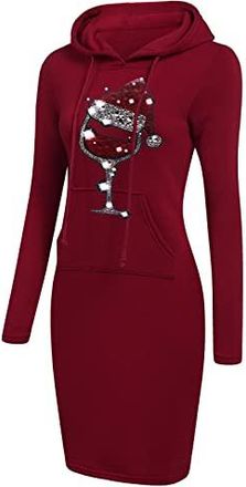 Generic Robes amincissantes 2026 pour femmes, chandail &agrave; capuche de No&euml;l, manches longues, cordon de serrage, l&eacute;ger, robe pull midi avec poche, bordeaux, XXL