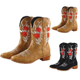 Generic Bottes de cowboy pour femme - Coupe large - &Agrave; enfiler - Tendance et confortable - Talon &eacute;pais - Broderie florale - Style occidental - Style r&eacute;tro clas