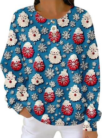 Generic Sweats de Noël pour femmes - Sweat-shirt à col rond pour femme - Mode décontractée - Imprimé de Noël - Boutons - Haut à manches longues - Sweat-shirt 