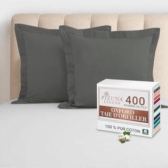 Pizuna Coton Peigné Set de 2 Taies doreiller 65x65 cm Gris foncé, 100% Coton Longue Tige 400 Fils Armure Satin Douces