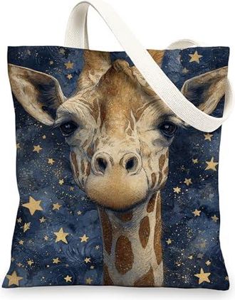 Generic Sacs fourre-tout en toile motif girafe artistique, sacs dépicerie réutilisables, légers et lavables avec bandoulière, bleu, 13x15 Inch
