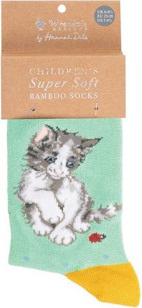 Wrendale Designs Wrendale - SOCKC009 - Kinder Socken, Katze und Marienkäfer, grün, Größe: 23-26, 1 Paar