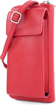 modamoda.de P06 Damen Leder Umh&auml;ngetasche Geldb&ouml;rse Handytasche 6,5 Zoll handmade in Italy, Farbe:Rot