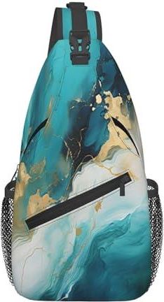 Generic Sacoche Homme Bandouliere Art abstrait en marbre dor&eacute; turquoise Mode Sling Sac &agrave; Bandouli&egrave;re Polyester Crossbody Bag pour Homme Femme Randonn&eacute;e