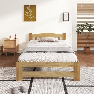 Merax Lit simple en bois massif, futon, 90 x 200 cm, naturel, solide, avec t&ecirc;te de lit et sommiers &agrave; lattes, pour adolescents et adultes, naturel, (sans mat