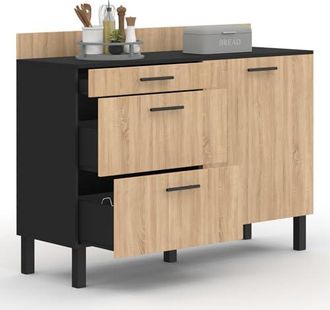 IDMarket Buffet Bas casserolier de Cuisine 120 cm CINA Plan de Travail H.83 cm 1 Porte + 3 tiroirs Noir et fa&ccedil;on h&ecirc;tre