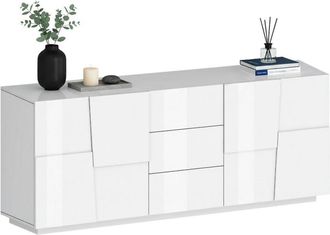 Dmora Kommode Yoel, Wohnzimmer-Buffet, Wohnzimmer-Kommode mit 4 T&uuml;ren und 3 Schubladen, 220x44x86 cm, gl&auml;nzend wei&szlig; - Dmora