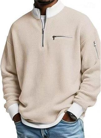 Generic Sweat d&eacute;contract&eacute; &agrave; fermeture &eacute;clair contrast&eacute;e pour homme, col montant, demi-fermeture &eacute;clair, pull gaufr&eacute; ample, beige, 4XL