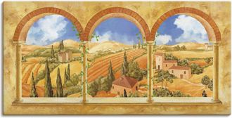 Artland Wanddeko Leinwand Bilder Wandbild 100x50 cm Fensterblick Fenster Toskana Landschaft Italien Torbogen Aussicht S7WW