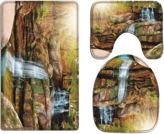 A.Monamour Badezimmer Badematte 3 Teilig Set Sonnenstrahlen Durch Waldbäume Stein Bergbach Wasserfall Naturlandschaft Flanell Saugfähig Badteppiche Badvorleger B