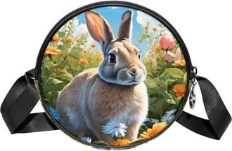 Generic Petit sac &agrave; bandouli&egrave;re circulaire pour femme, motif floral, lapin, sac &agrave; dos &agrave; bandouli&egrave;re avec fermeture &eacute;clair, bretelles r&eacute;glables, sac &agrave; main ron