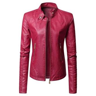 Generic Blouson de moto en similicuir avec fermeture &eacute;clair pour femme, rouge vin, XXL