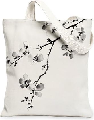 Generic Sac fourre-tout en toile r&eacute;utilisable pour le shopping 33 x 38 cm, motif fleurs chinoises, sac d&eacute;picerie r&eacute;utilisable pour femme, peinture florale, d&eacute;