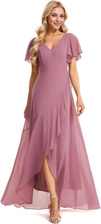 Ever-pretty Damen Cocktailkleider V-Ausschnitt Asymmetrisch BodenKurze Ärmel Chiffon Rückenfrei Elegant Orchidee 44EU