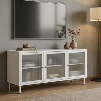 Mendler TV-Rack HWC-O87, Lowboard TV-Schrank Sideboard T&uuml;ren Stauf&auml;cher Industrial Metall Schilfglas 58x120x40cm - wei&szlig;