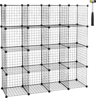 Woltu Regalsystem, Steckregal Regalw&uuml;rfel individuell aufstellbar 16 F&auml;cher, Schwarz, aus Drahtgitte 148 x 37 x 148 cm (B x H x T)