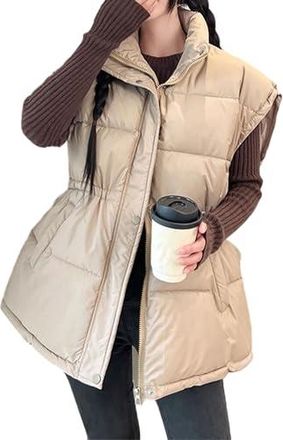 Generic Gilet matelass&eacute; sans manches pour femme, col montant, fermeture &eacute;clair et boutons pression, ceinture, couleur kaki, taille M