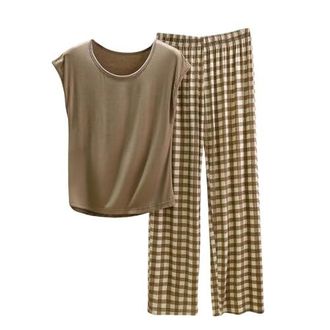 Generic Ensemble 2 pi&egrave;ces pour femme - Tenue d&eacute;t&eacute; sans manches &agrave; col rond - Pantalon court &agrave; jambes larges - Tenues de vacances - Surv&ecirc;tement pour femme - Pan