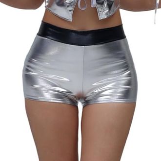 Generic Short en cuir synth&eacute;tique pour femme - Short contrast&eacute; taille haute extensible pour festival, performance, f&ecirc;te, tenue de rave moulante pour bo&icirc;te de 