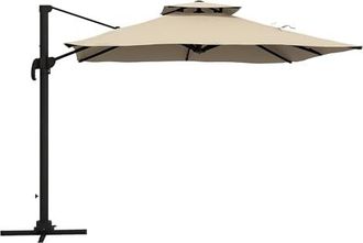 OUTSUNNY Parasol d&eacute;port&eacute; carr&eacute; 3 x 3 m, parasol de jardin ext&eacute;rieur avec manivelle, base crois&eacute;e, parasol rotatif &agrave; 360&deg;, toile polyester 250 g/m&sup2;, double toit