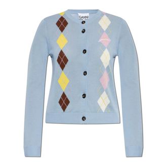 Ganni Leichter Baumwoll-Cardigan im Argyle-Muster - - Knitwear - Damen - Blau - XL