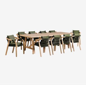 Sklum Set aus rechteckigem Tisch (260x100 cm) und 10 Gartenst&uuml;hlen aus Akazienholz Dubai Helles Milit&auml;rgr&uuml;n Rustikales Akazienbraun - Sklum