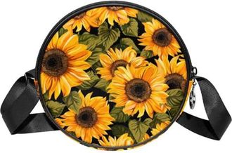 Generic Petit sac &agrave; bandouli&egrave;re rond pour femme, motif tournesol avec fermeture &eacute;clair, bretelles r&eacute;glables, style d&eacute;contract&eacute;, pour femmes et filles