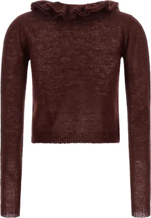 Alberta Ferretti Ruffled V-Neck Mohair Blend Sweater - Burgundy