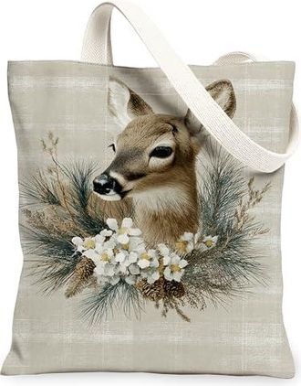 Generic Sacs fourre-tout rustiques en toile avec motif de cerf floral, inspir&eacute;s de la nature, l&eacute;gers, lavables et r&eacute;utilisables, pour lhiver O, beige, 13x15 I