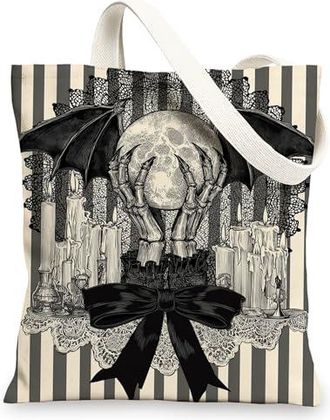 Generic Sac fourre-tout gothique en toile, motif squelette dHalloween vintage, sacs de courses réutilisables, légers et lavables, Noir/blanc, 13x15 Inch