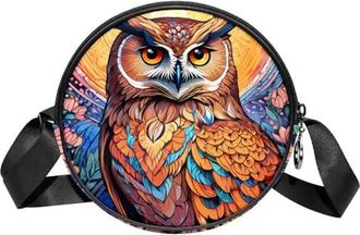 Generic Sac &agrave; bandouli&egrave;re rond pour femme, motif hibou color&eacute; avec fermeture &eacute;clair, bretelles r&eacute;glables, sac &agrave; main rond d&eacute;contract&eacute; pour femmes et filles