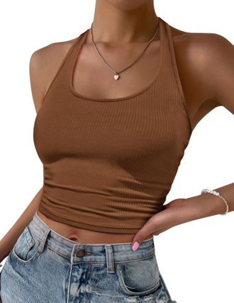Ekouaer Neckholder Top Damen Crop Tops R&uuml;ckenfrei Sommer &Auml;rmellose U-Ausschnitt Oberteil Gestrickt, Braun XXL