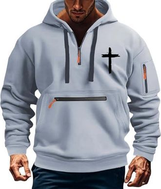 Generic Sweat &agrave; capuche zipp&eacute; pour homme avec poche Motif croix religieuse chr&eacute;tienne &agrave; manches longues, Sweat &agrave; capuche zipp&eacute; pour homme Gris, L