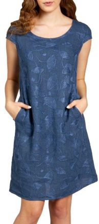 CASPAR Fashion Sommerkleid SKL031 knielanges Damen Sommer Leinenkleid mit Ginko Blatt Stickmuster Luftig leicht, figurumspielende Form, mit seitlichem Jersey-Einsatz