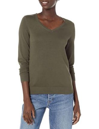 Amazon Essentials Pull Léger à Manches Longues, Col en V, Coupe Classique (Disponible en Grande Taille) Femme, Vert Olive Foncé Chiné, L