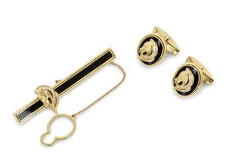 Bespoke Yellow Gold Enamel and Diamond Tie Slide and Cufflinks Set