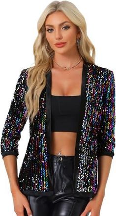 Allegra K Veste Blazer Élégante à Sequins pour Femmes Cardigan à Paillettes Manches 3/4 pour Soirée Gilet Brillante Costume de Fête Noir Paillettes XS