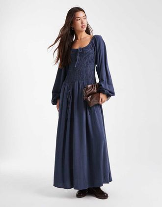 Daisy Street Robe longue &agrave; manches bouffantes et taille fronc&eacute;e - Bleu marine