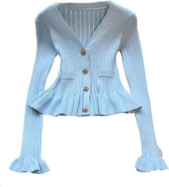 Generic Cardigan tricot&eacute; tendance pour femme Col en V Simple boutonnage Volant Manteaux en tricot, bleu, Taille Unique