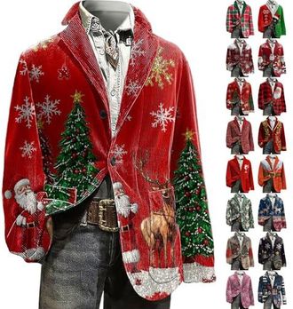Generic Blazer de Noël en velours côtelé pour homme - Style décontracté - Imprimé sapin de Noël - Père Noël - Vestes de costume à revers cranté, A05-bleu mari