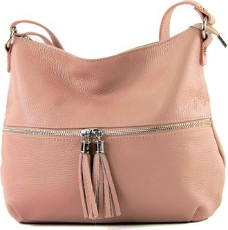 modamoda.de T159 Damen Leder Umhängetasche Schultertasche Medium handmade in Italy, Farbe:Rosabeige dunkel