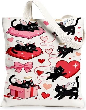 Generic Sacs fourre-tout en toile avec motif chat mignon, sacs d&eacute;picerie r&eacute;utilisables, pour la Saint-Valentin, vintage, l&eacute;ger, lavable, noir, 13x15 Inch