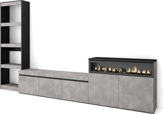 Skraut Home | Wohnwand Wohnzimmer | Wohnzimmerm&ouml;bel, M&ouml;belset | 310x186x35cm | F&uuml;r TV-Ger&auml;te bis zu 65 | Elektrokamin. | Moderner Stil | Zement