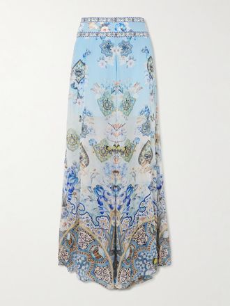 Camilla Pantalon Large En Cr&eacute;pon De Soie Imprim&eacute; &Agrave; Ornements Al Manial Palace - Bleu