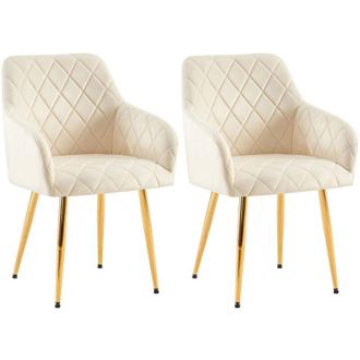 Clp Lot de 2 chaises de salle &agrave; manger Monett velours Cr&egrave;me m&eacute;tal or