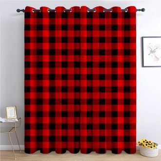 Generic Verdunkelungsvorhang H166 x B150 cm, Rot Schwarz Karierte Geometrie Muster Vorhang W&auml;rmeisolierend Blickdicht mit &Ouml;sen, Vorhang Anti Fade f&uuml;r Kinderzi