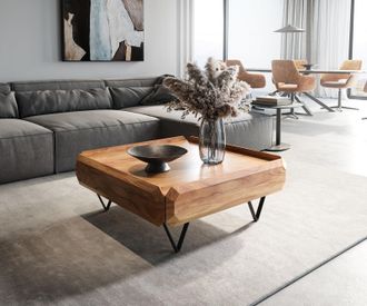 DELIFE Couchtisch Kiano 90x90 cm Akazie Natur 2 Sch&uuml;be V-Fu&szlig; Schwarz, Couchtische