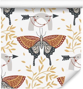 OEM Carta Da Parati Boho Con Arcobaleni E Farfalle, Color Crema E Arancione, Per Soggiorno E Camera Da Letto, 50x1000